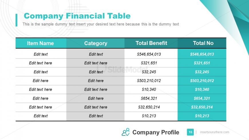 Data Table for Financial Information PPT - SlideModel
